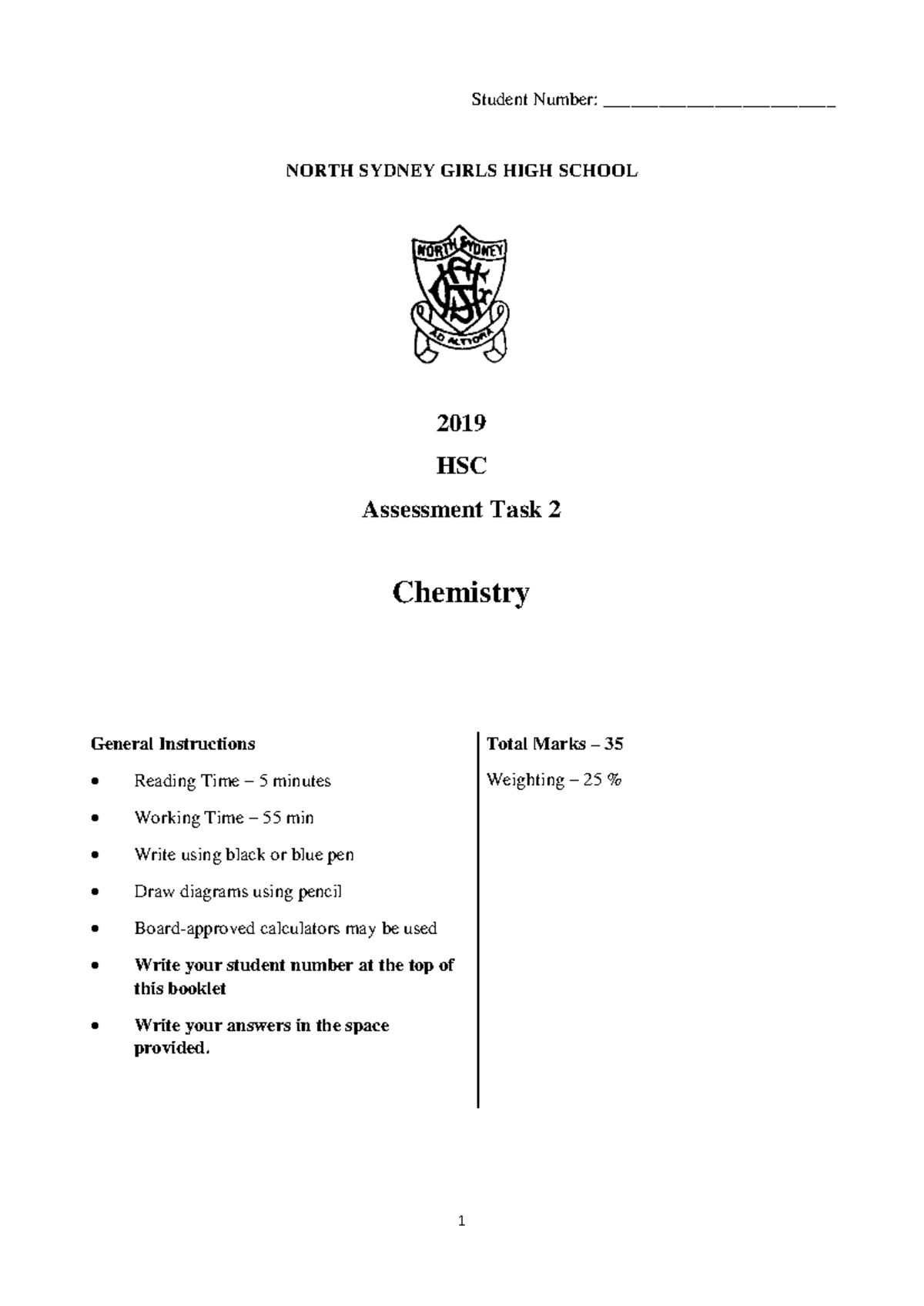 North Sydney Girls 2019 HSC Chemistry Assessment Task 2 - Studocu