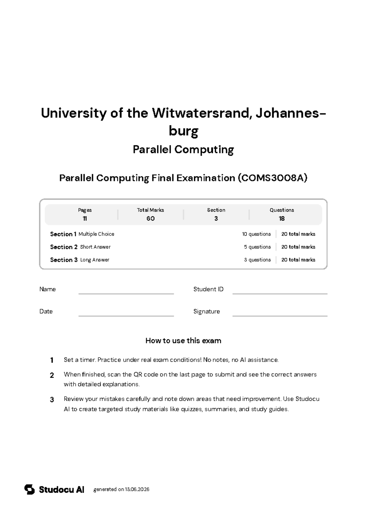 Parallel Computing Final Exam (COMS3008A) - Studocu