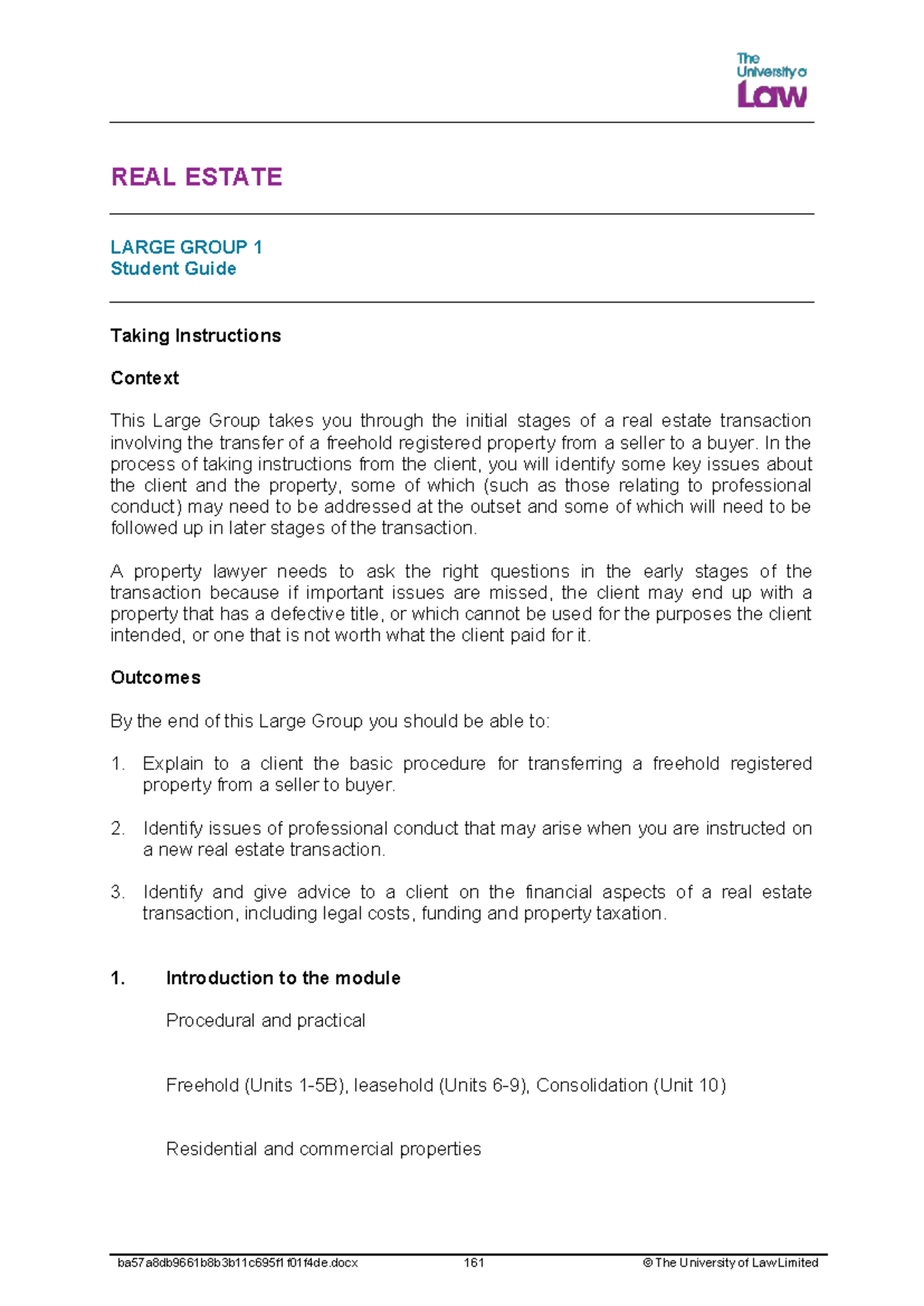 Real Estate Large Group 1: Student Guide to Property Transactions - Studocu