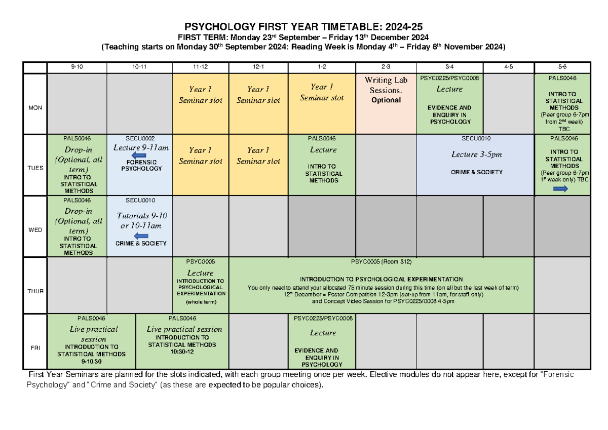 1st Year Psychology Timetable 2024-25: PALS0046 & SECU0010 - Studocu