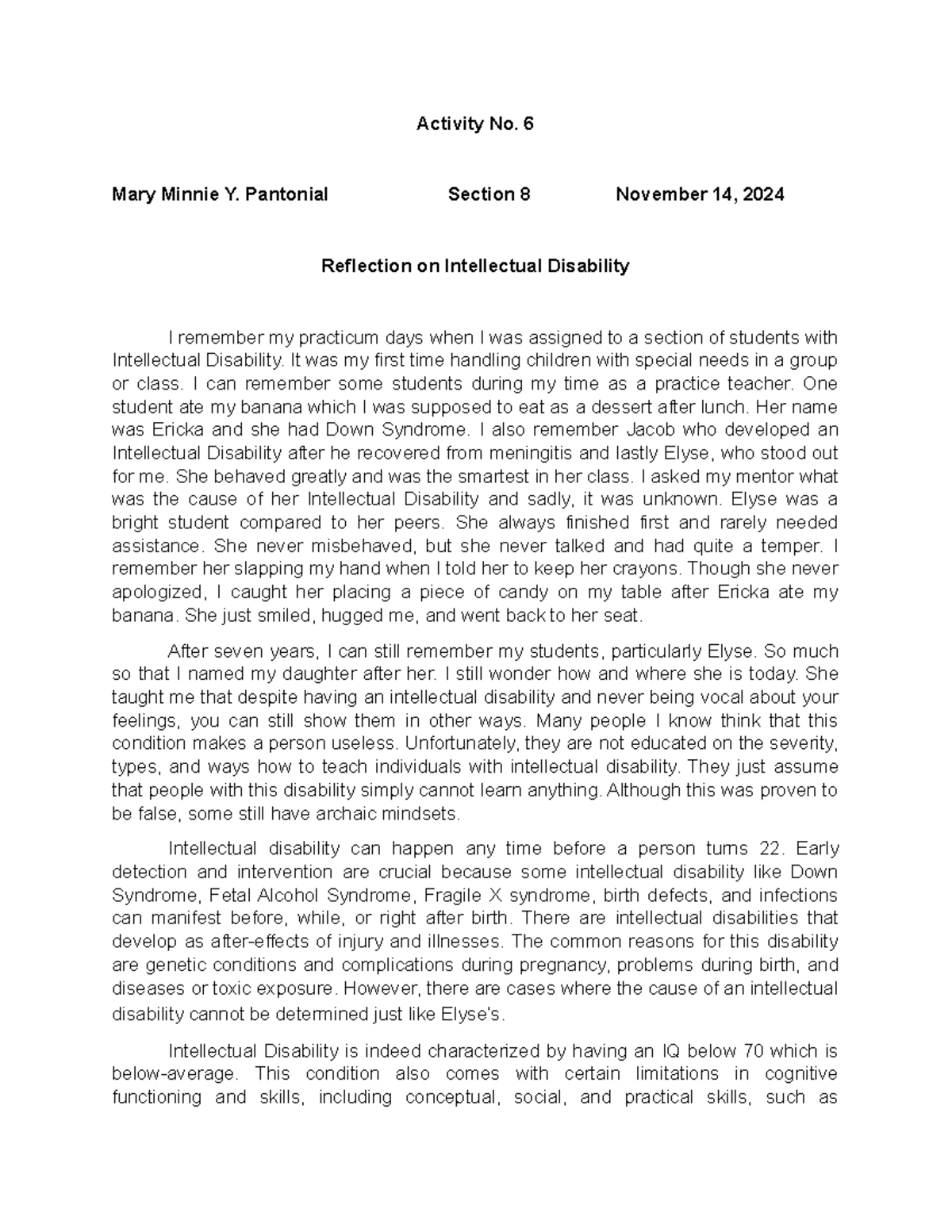 Activity No. 6- Reflection on Intellectual Disability - Activity No. 6 ...