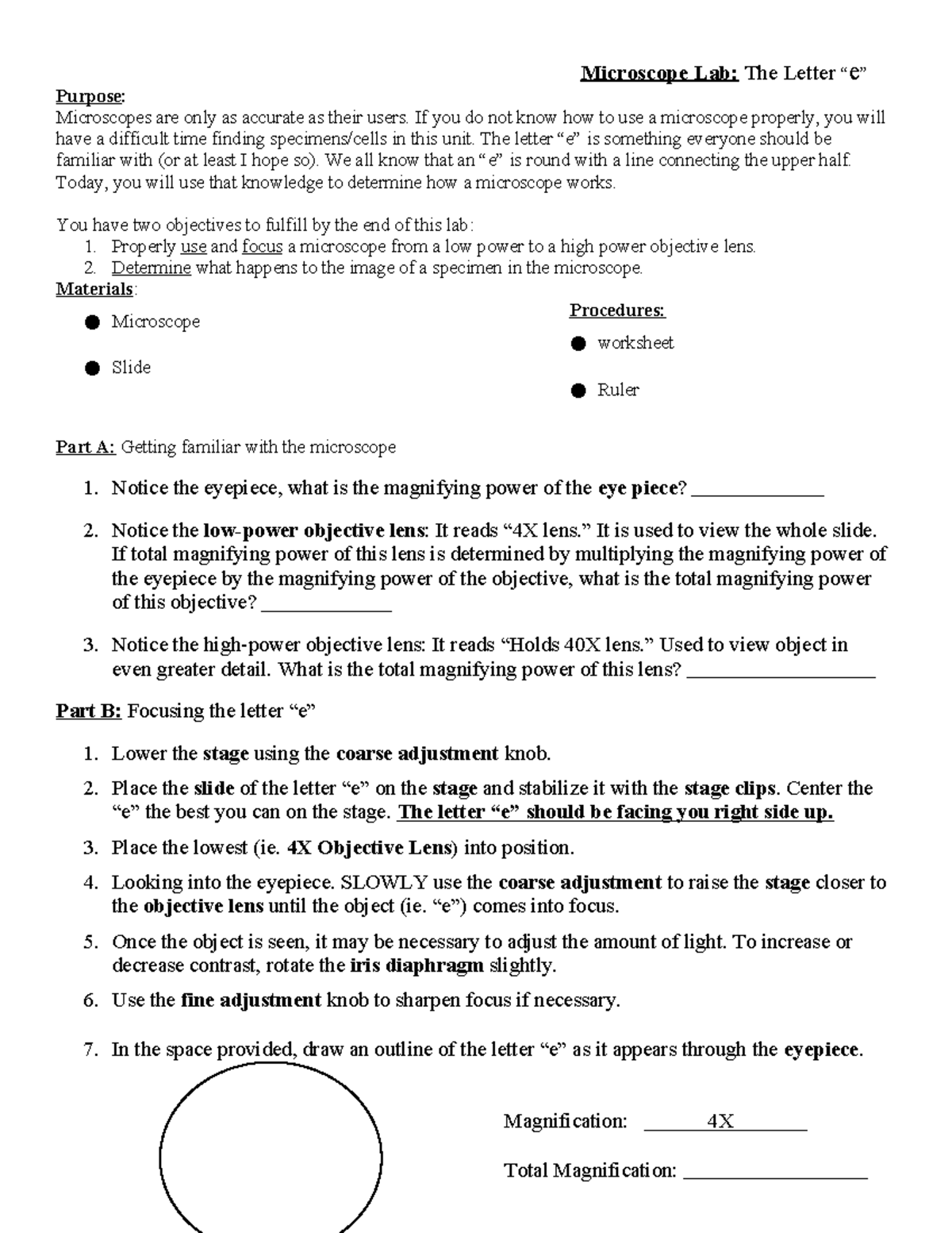 Microscope Lab: Exploring the Letter “e” – Practical Activity in 101 ...