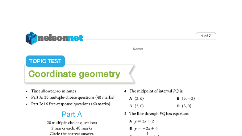 Topic Test - Coordinate Geometry (Math 101) - Studocu