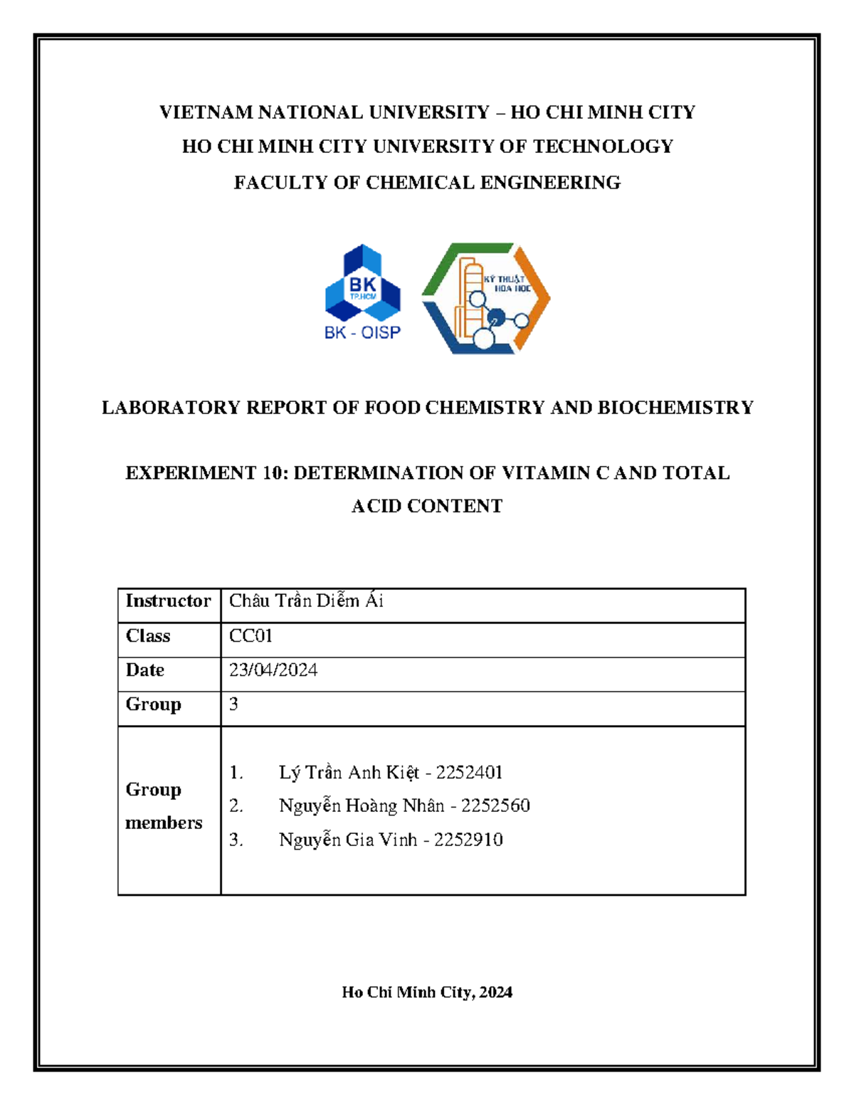Group 3 - CC01 - Lab Report 10: Vitamin C & Total Acid Content Analysis - Studocu