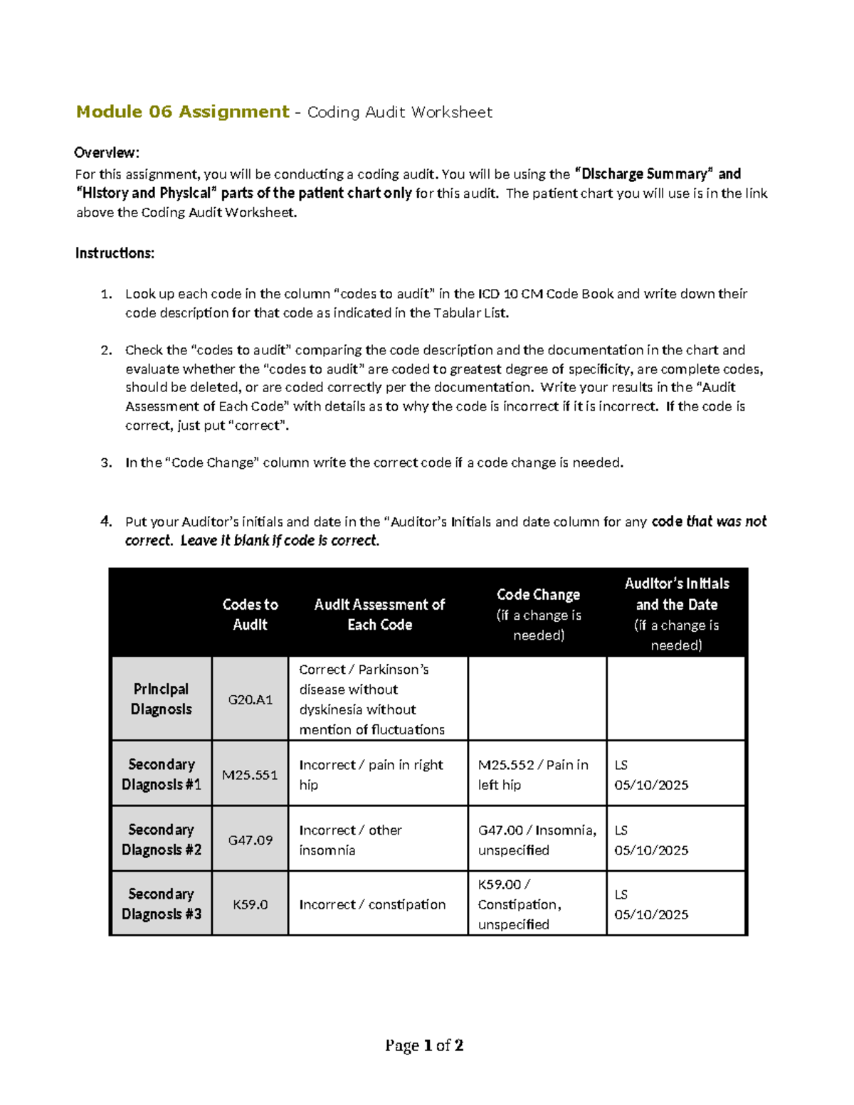 Module 06 Assignment: Coding Audit Worksheet Overview and Instructions - Studocu