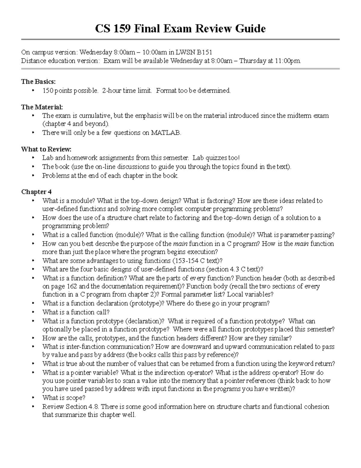 CS 159 Final Exam Review Guide: Key Topics and Concepts - Studocu