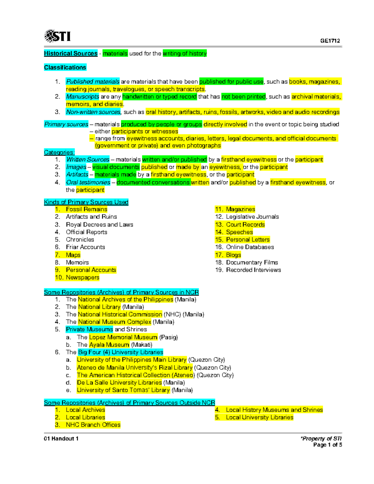 RPH1 Historical Sources & Repositories - Prelims Study Guide - Studocu