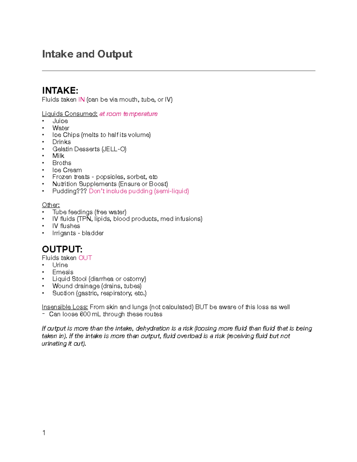 Intake and Output Lecture Notes - Intake and Output INTAKE: Fluids ...