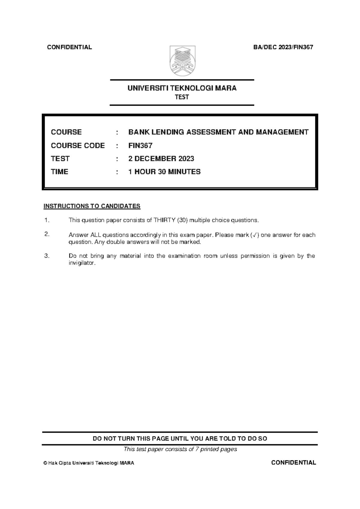 Test Questions for Bank Lending Assessment FIN367 - Dec 2023 - Studocu