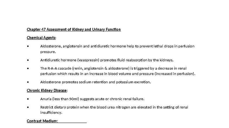 Handout: Chapter 47 - Assessment of Kidney & Urinary Function - Studocu