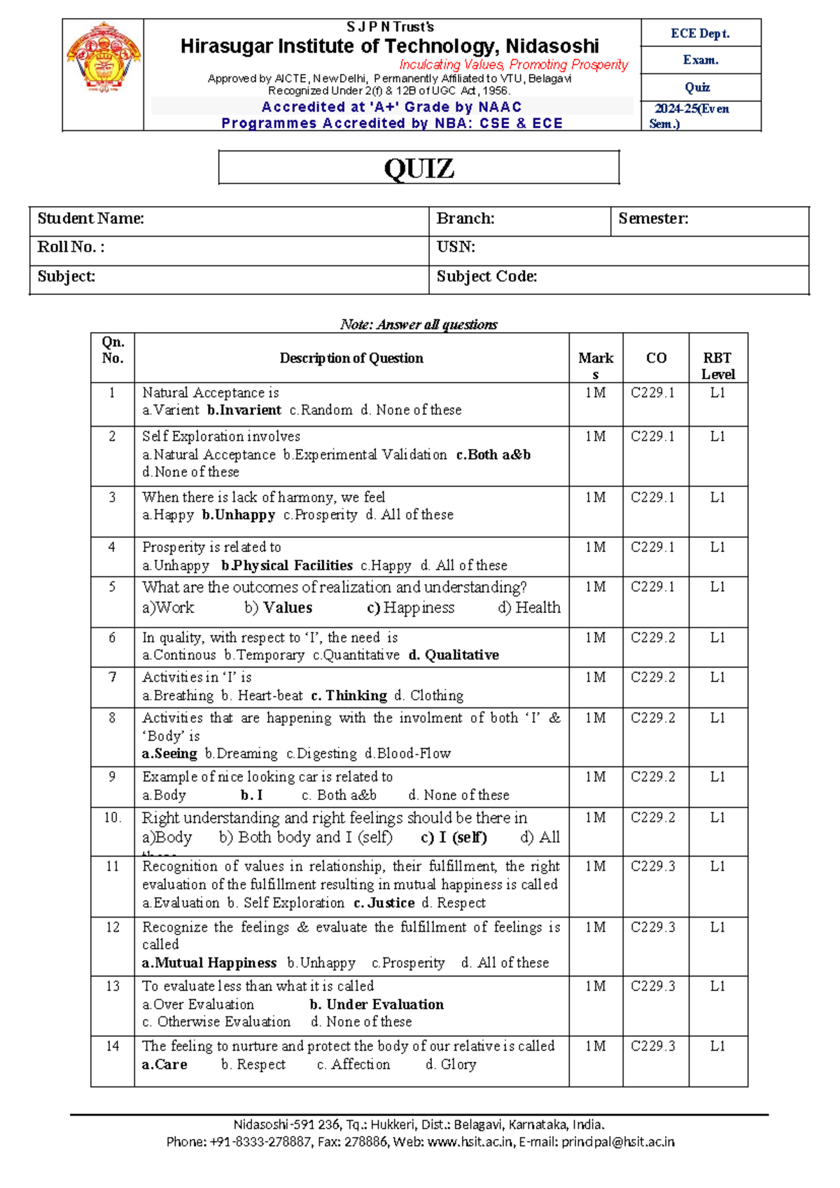 UHV-Quiz Scheme 1: Values and Prosperity Questions (C229) - Studocu