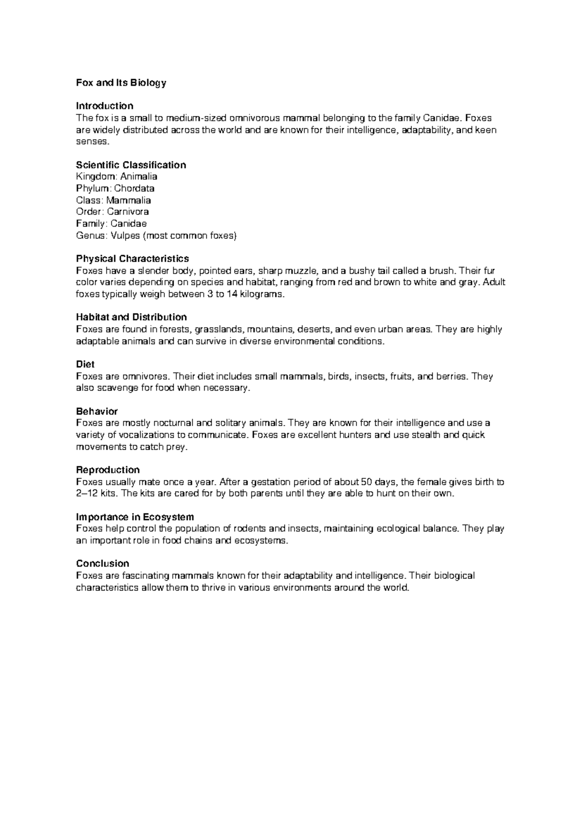 Biology of Foxes: Adaptability, Behavior, and Ecosystem Role - Studocu