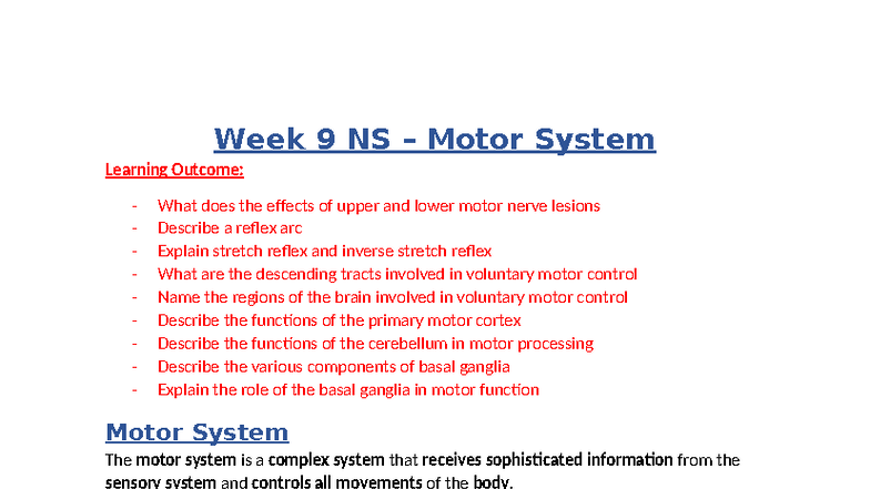 Week 9 NS Motor System - Key Concepts and Functions - Studocu