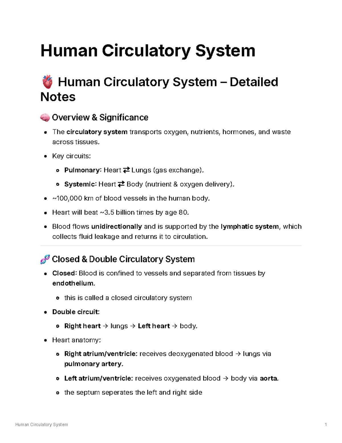 Human Circulatory System (BIO101) Summary and Key Concepts Overview ...