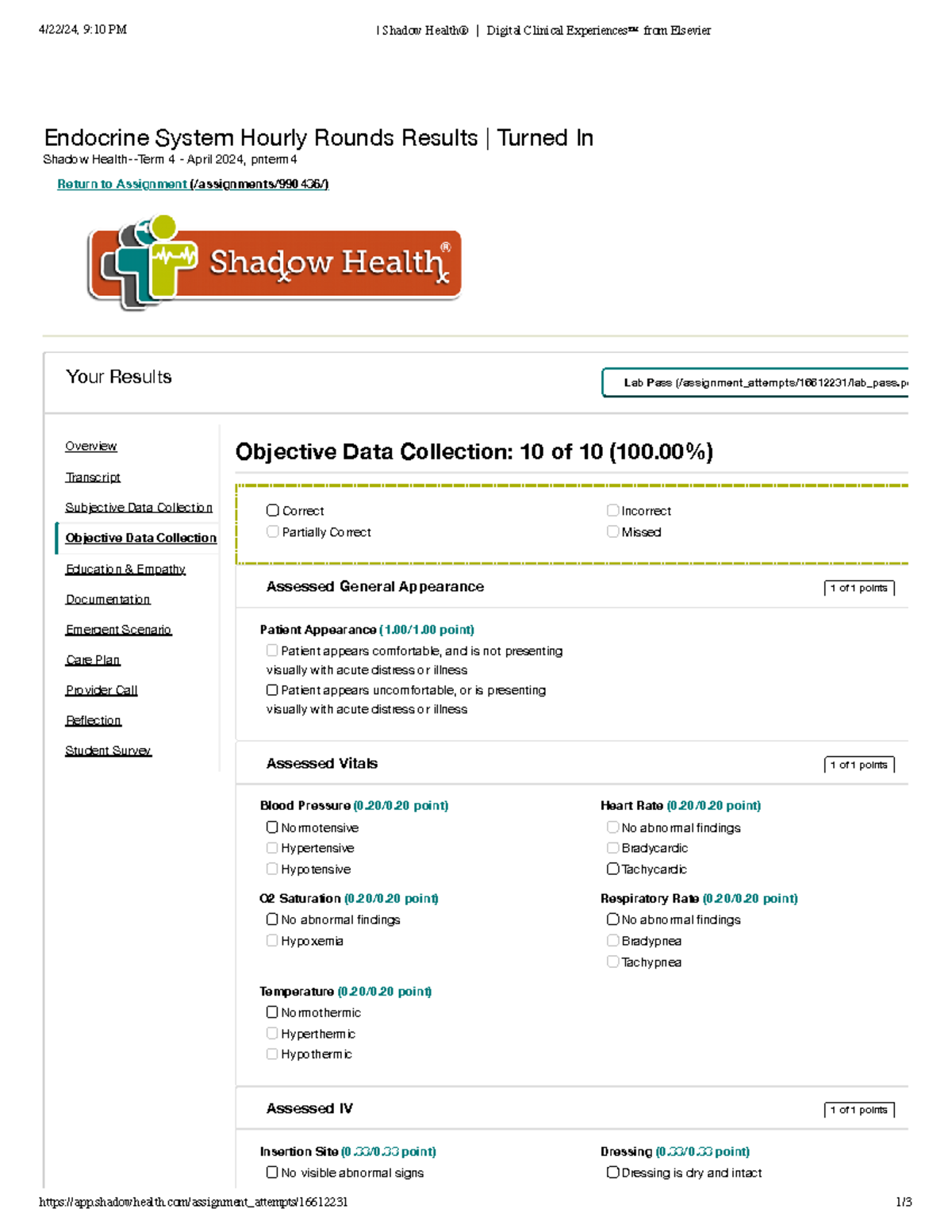Endocrine System Hourly Rounds Results | Shadow Health Term 4 - Studocu