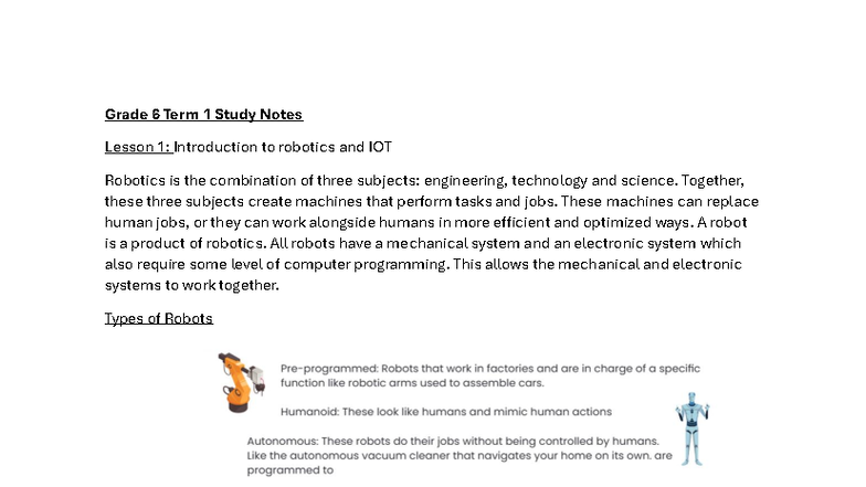 Grade 6 Term 1 Study Notes: Intro to Robotics & IoT Concepts - Studocu