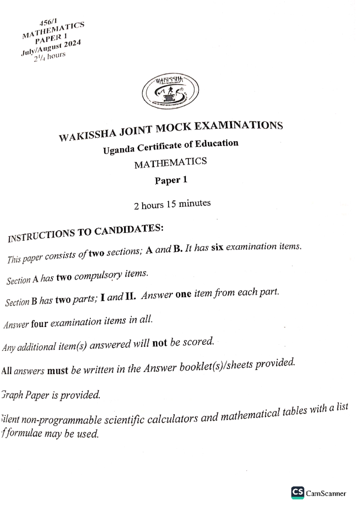 Wakissha UCE 4561 Mathematics Joint Mock Past Paper 2024 - Studocu