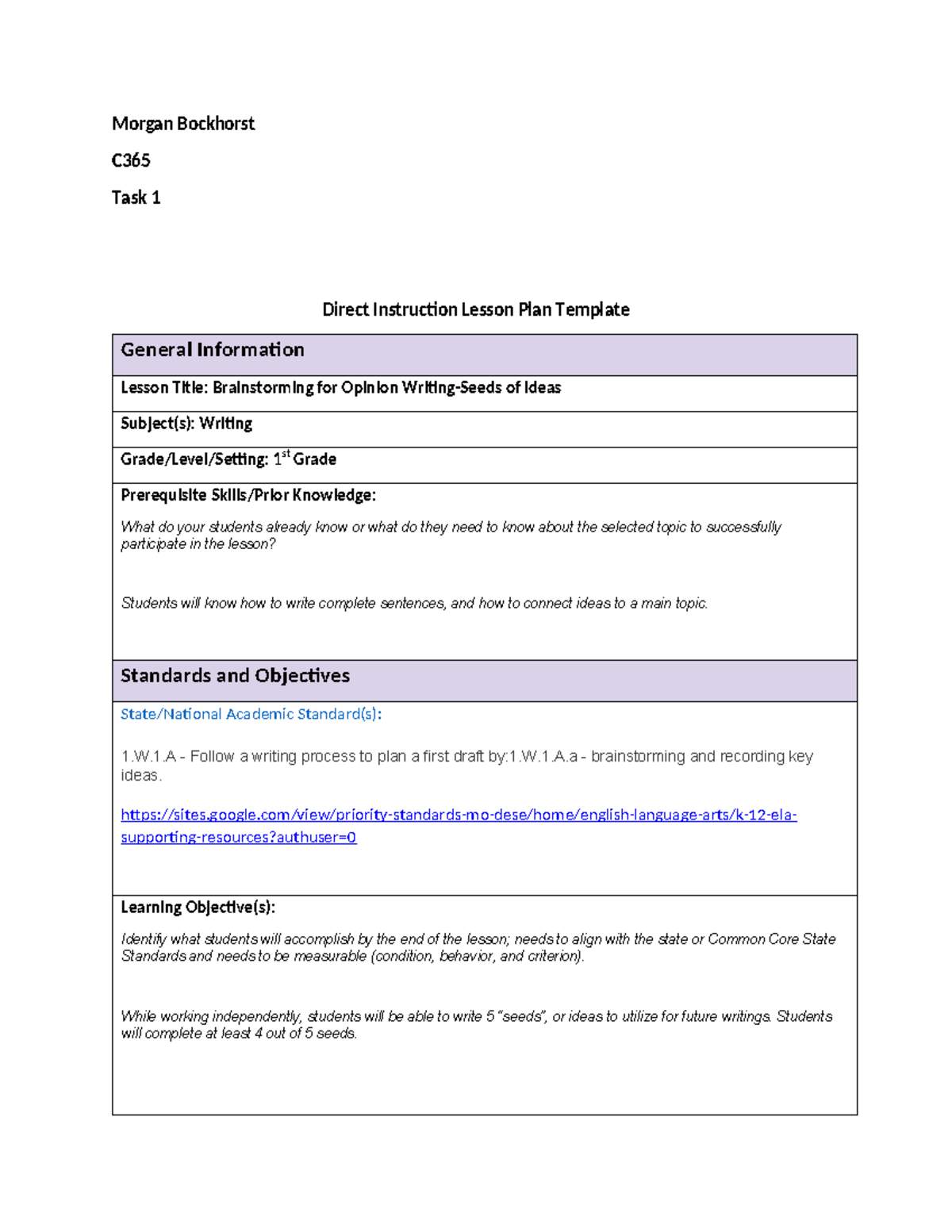 C365 Task 1: Direct Instruction Lesson Plan for Brainstorming Ideas ...