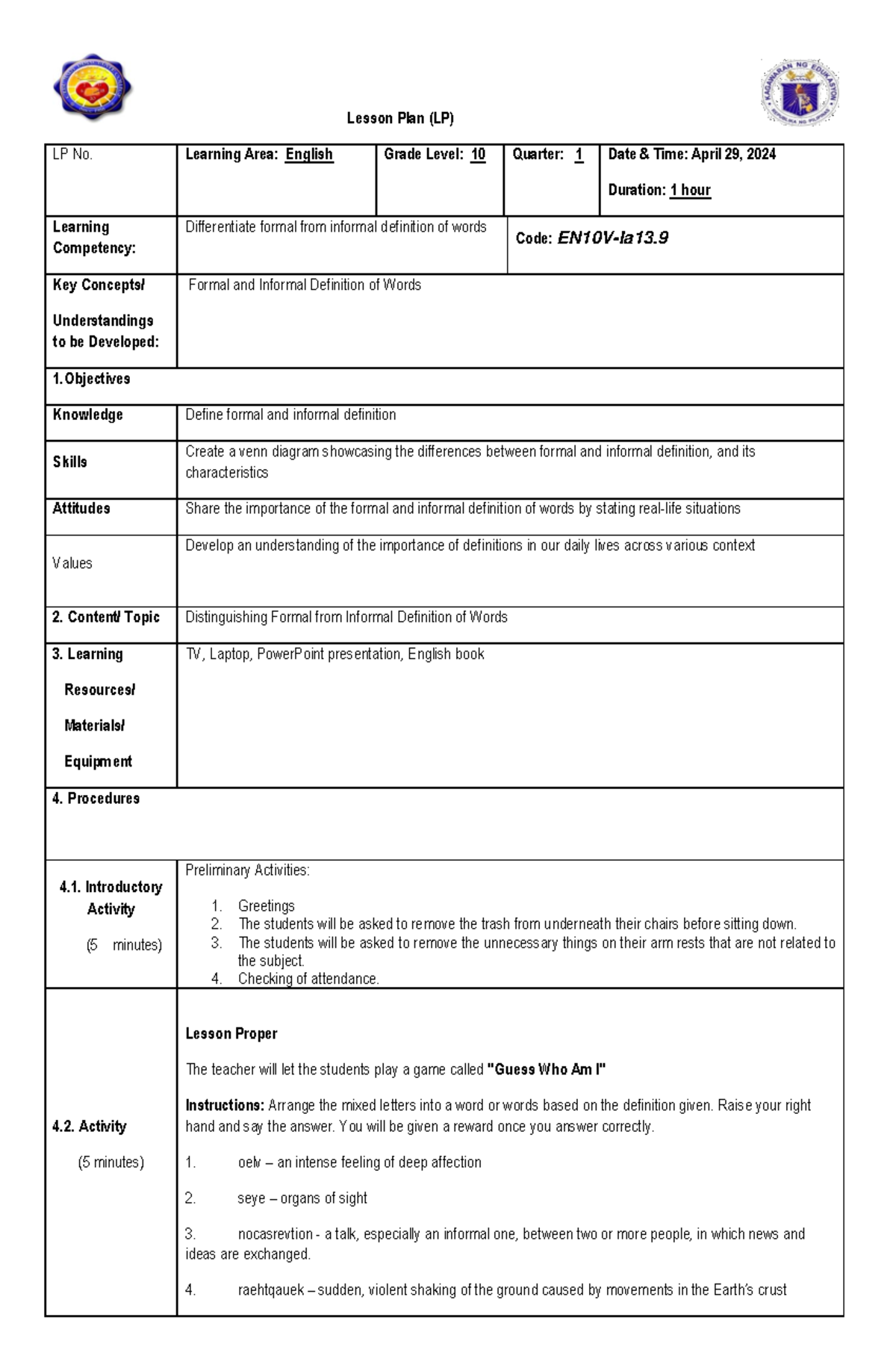 English 10 Lesson Plan: Differentiating Formal & Informal Definitions ...