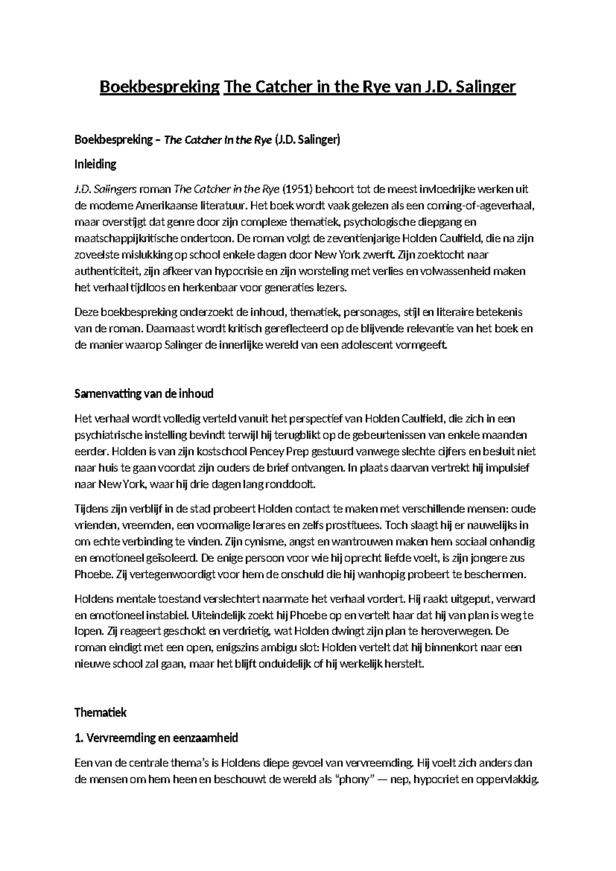 Boekbespreking: The Catcher in the Rye (J.D. Salinger) Analyse en ...