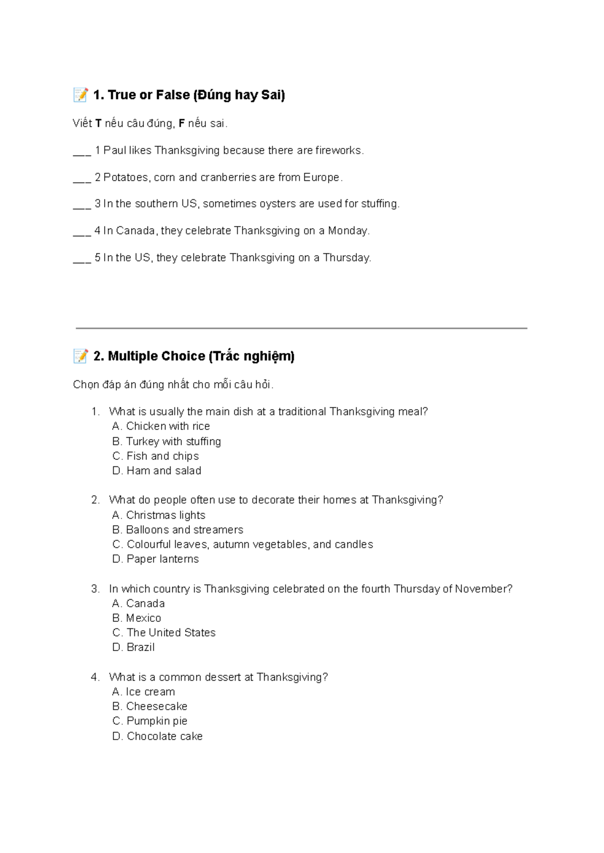 Bài Tập Listening: True or False & Multiple Choice (Lớp 1) - Studocu