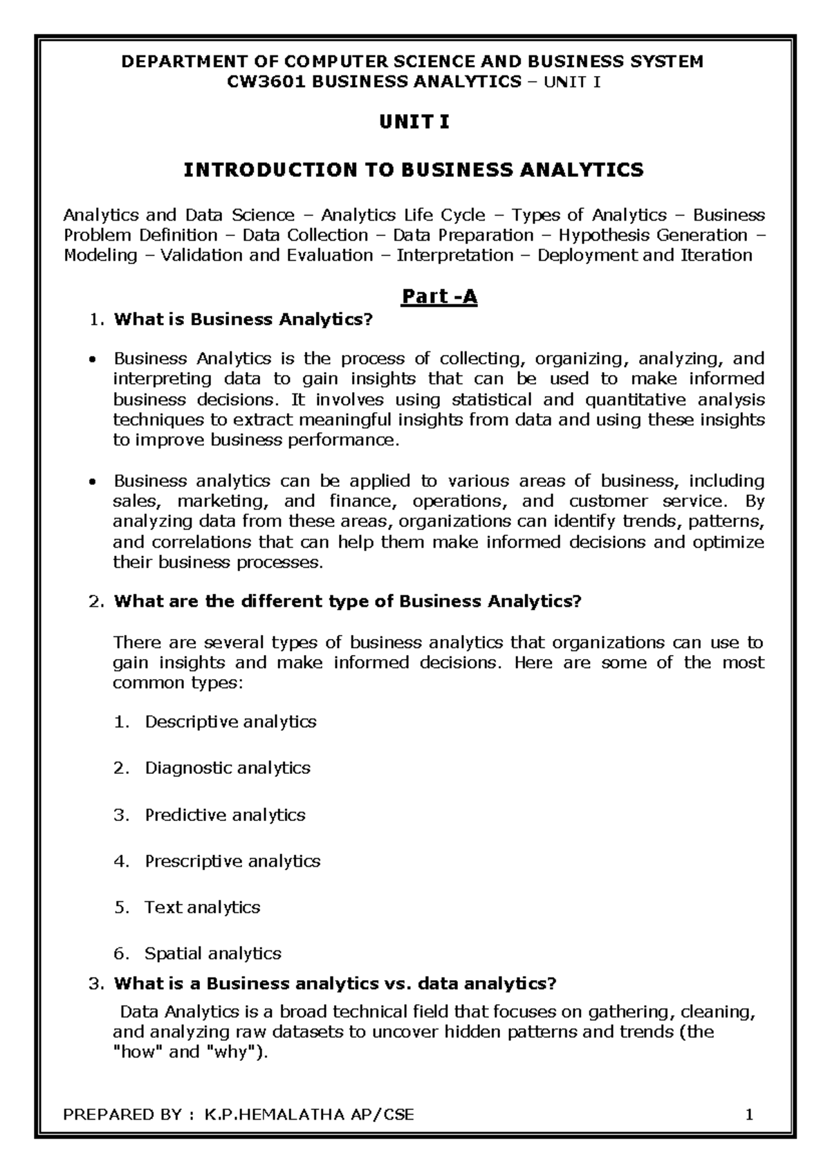 CW3601 Business Analytics Unit I: Introduction to Business Analytics ...
