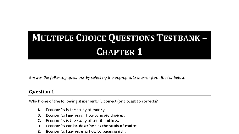 Complete Economics 5 Test Bank: Multiple Choice Questions for Chapter 1 ...