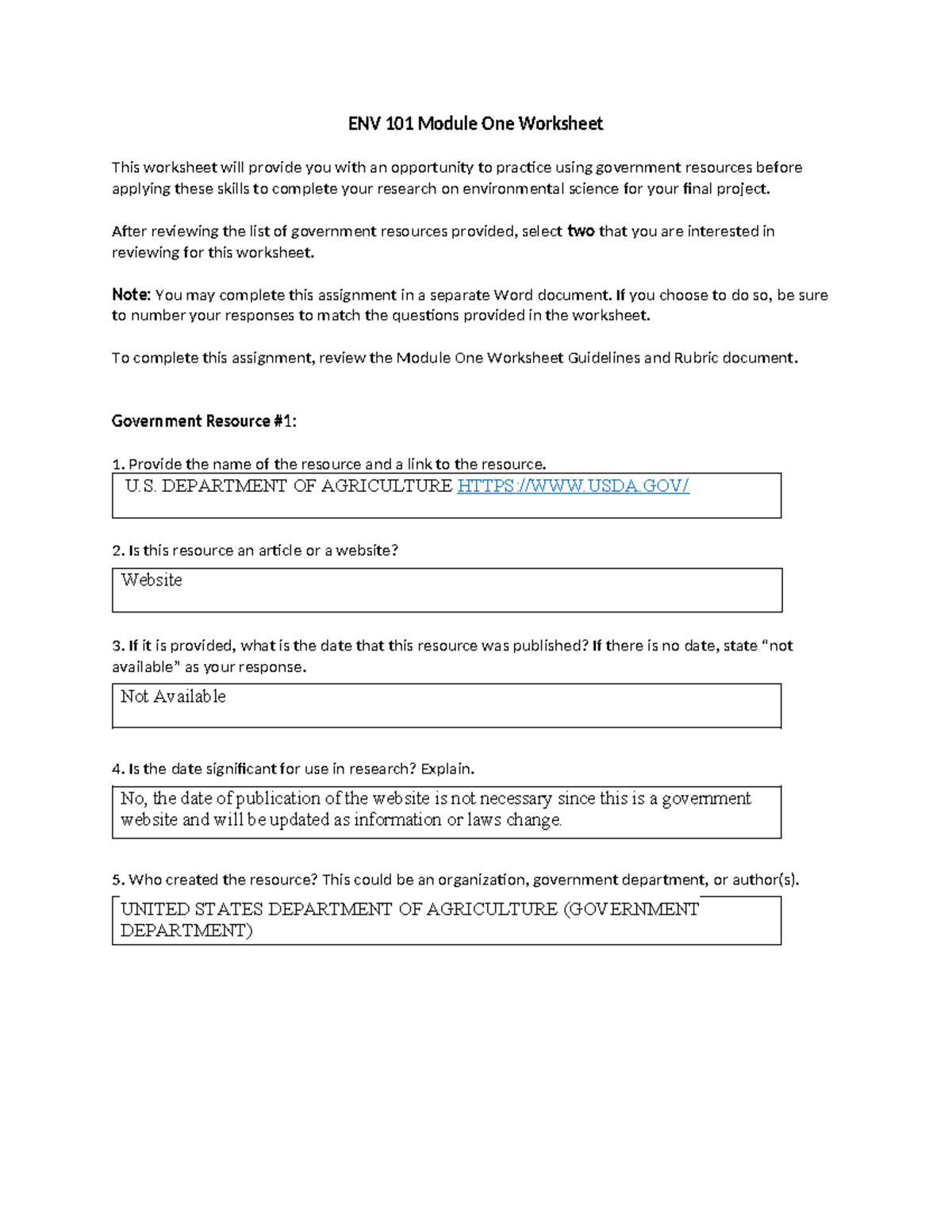 ENV 101 Module One Worksheet: Practicing Government Resource Use - Studocu