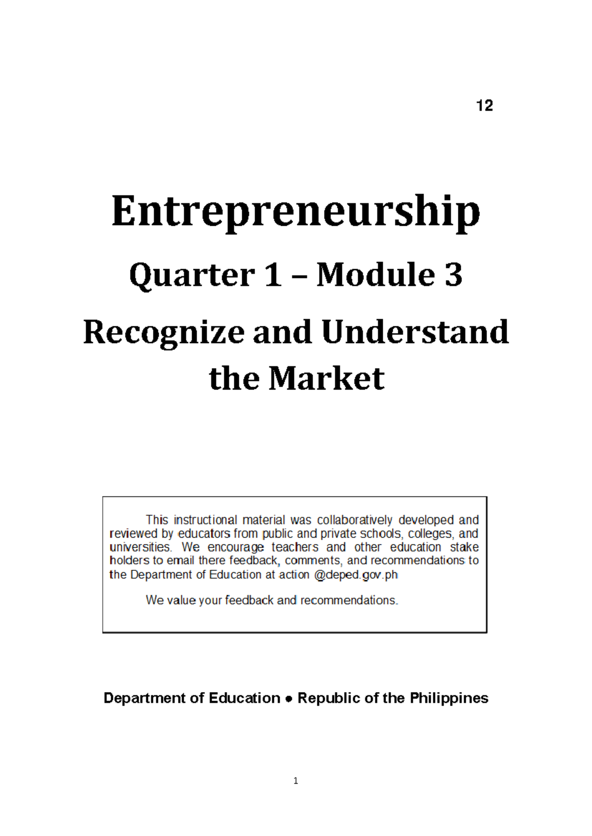 Entrep 12 Q1 Mod 3 Guide to Recognizing & Understanding the Market ...