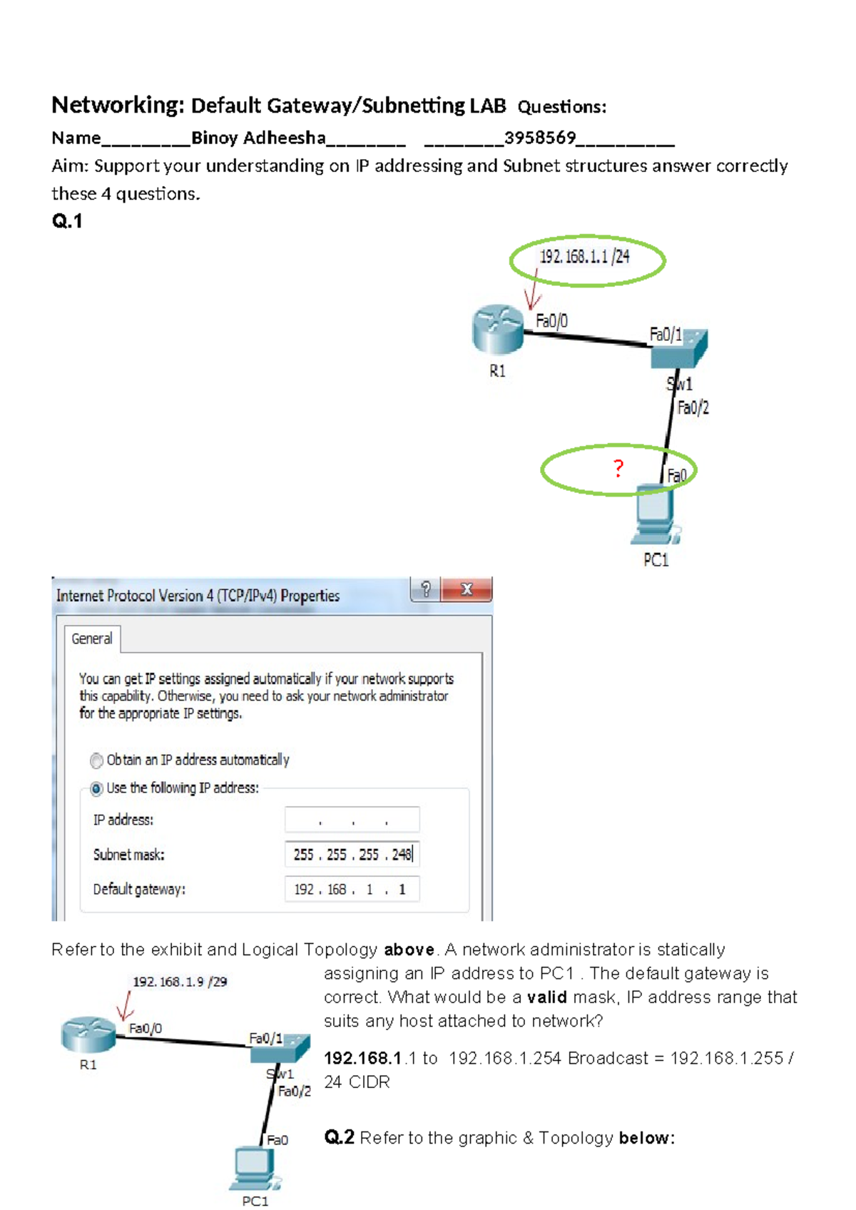 Networking 1 Revision S1-2025: Default LAB Questions on IP Addressing ...