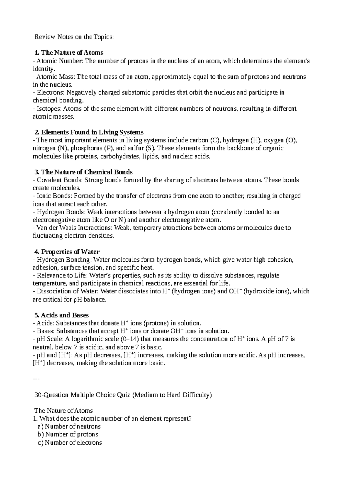 Unit 1 Review Notes & Quiz on Atoms, Elements, and Chemical Bonds - Studocu