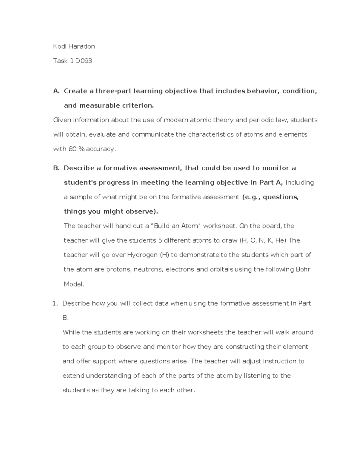 D093 Task 1: Learning Objectives & Assessment for Atomic Theory - Studocu