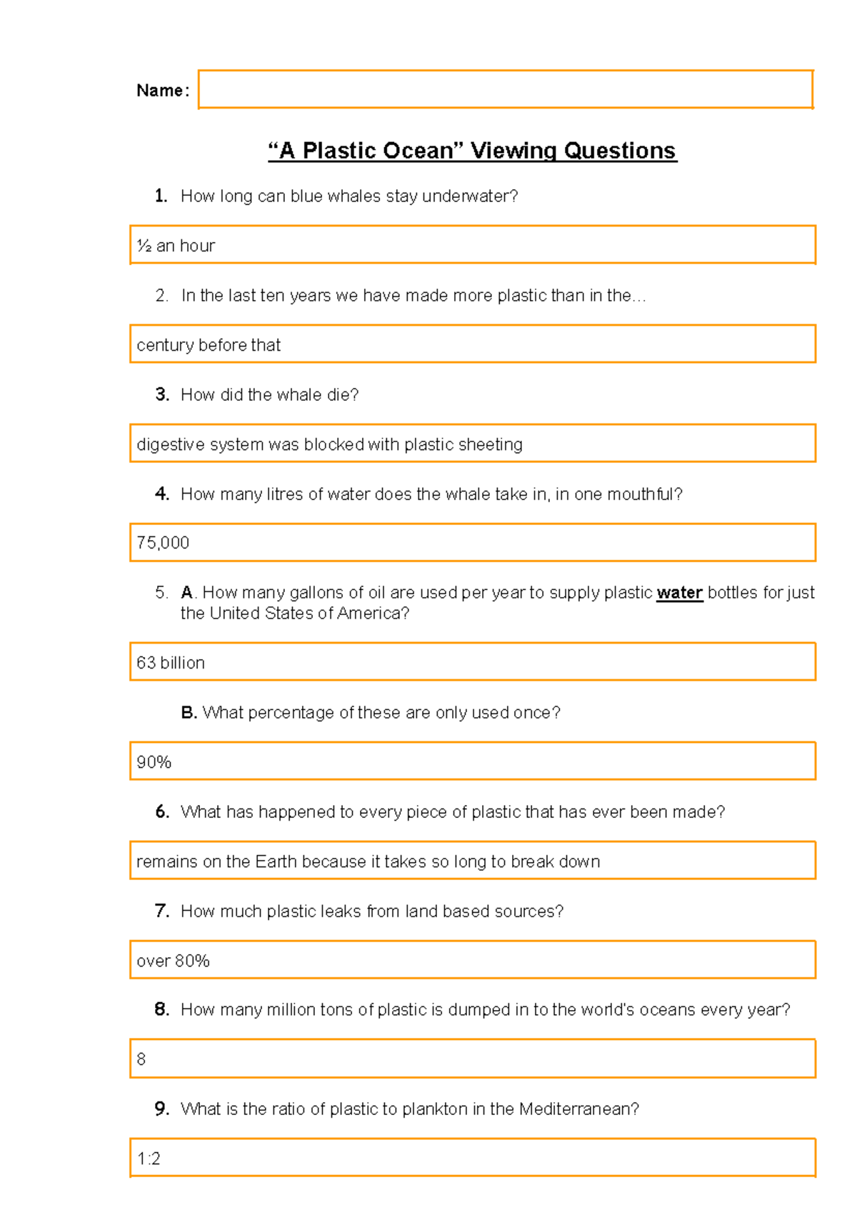 A Plastic Ocean Viewing Questions Guide for Class Discussion - Studocu