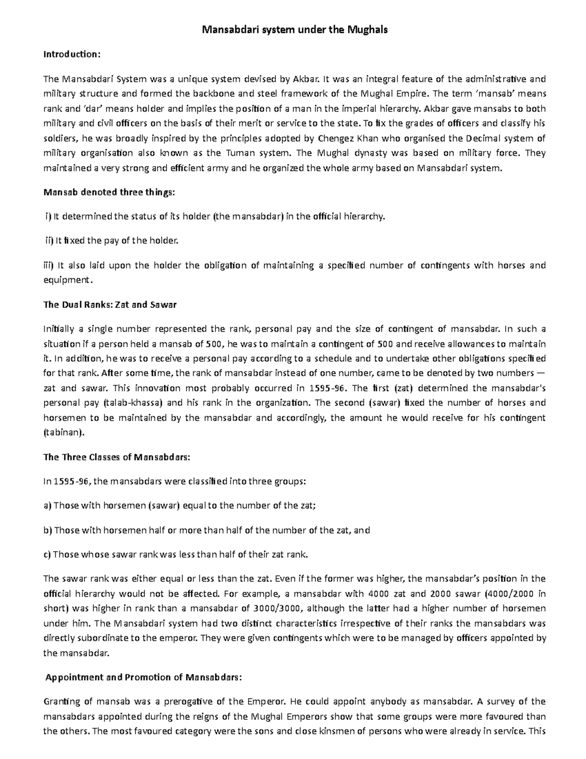 Unit 2: The Mansabdari System in Mughal Administration and Military ...