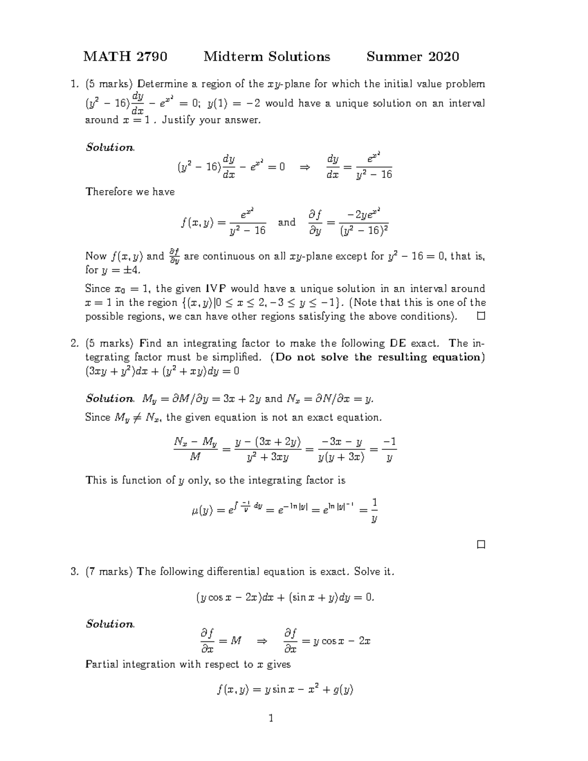 MATH 2790 Midterm Exam Solutions - Summer 2020 - Studocu