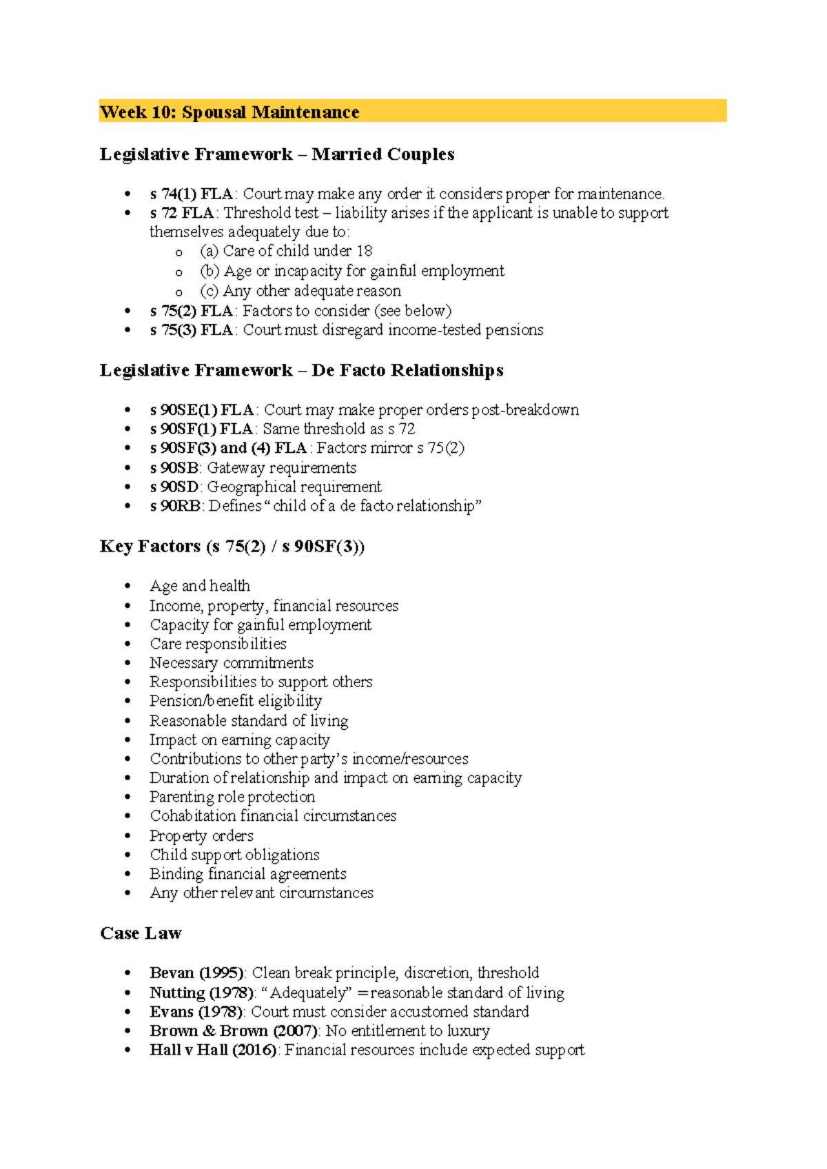 Family Law Notes: Week 10 & 11 - Spousal Maintenance & Property Orders ...
