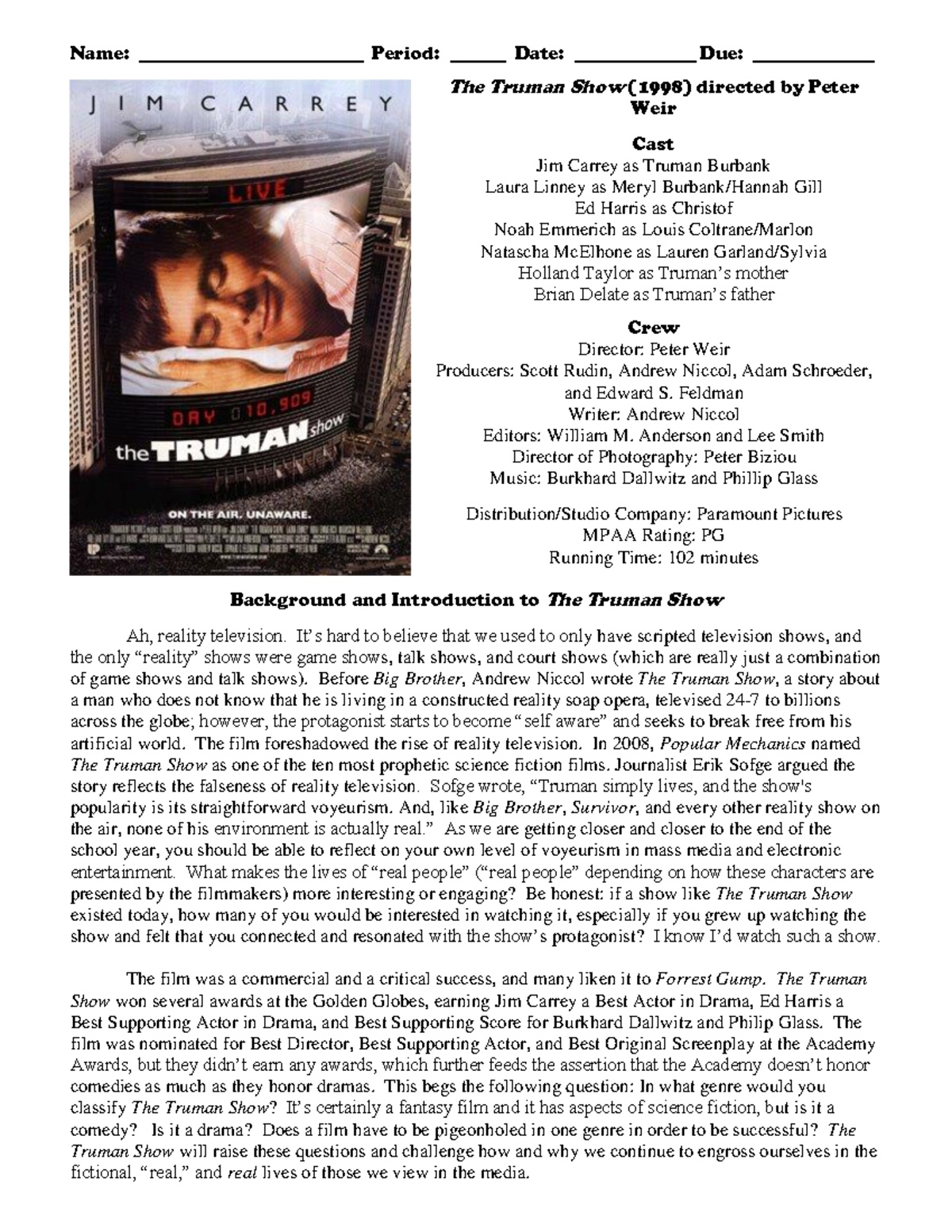 The Truman Show (1998) Study Guide: Insights & Discussion Questions ...