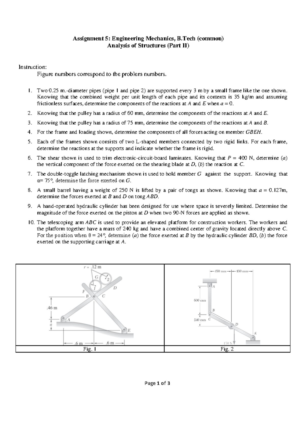 B.Tech Engineering Mechanics Assignment 5: Analysis of Structures II ...