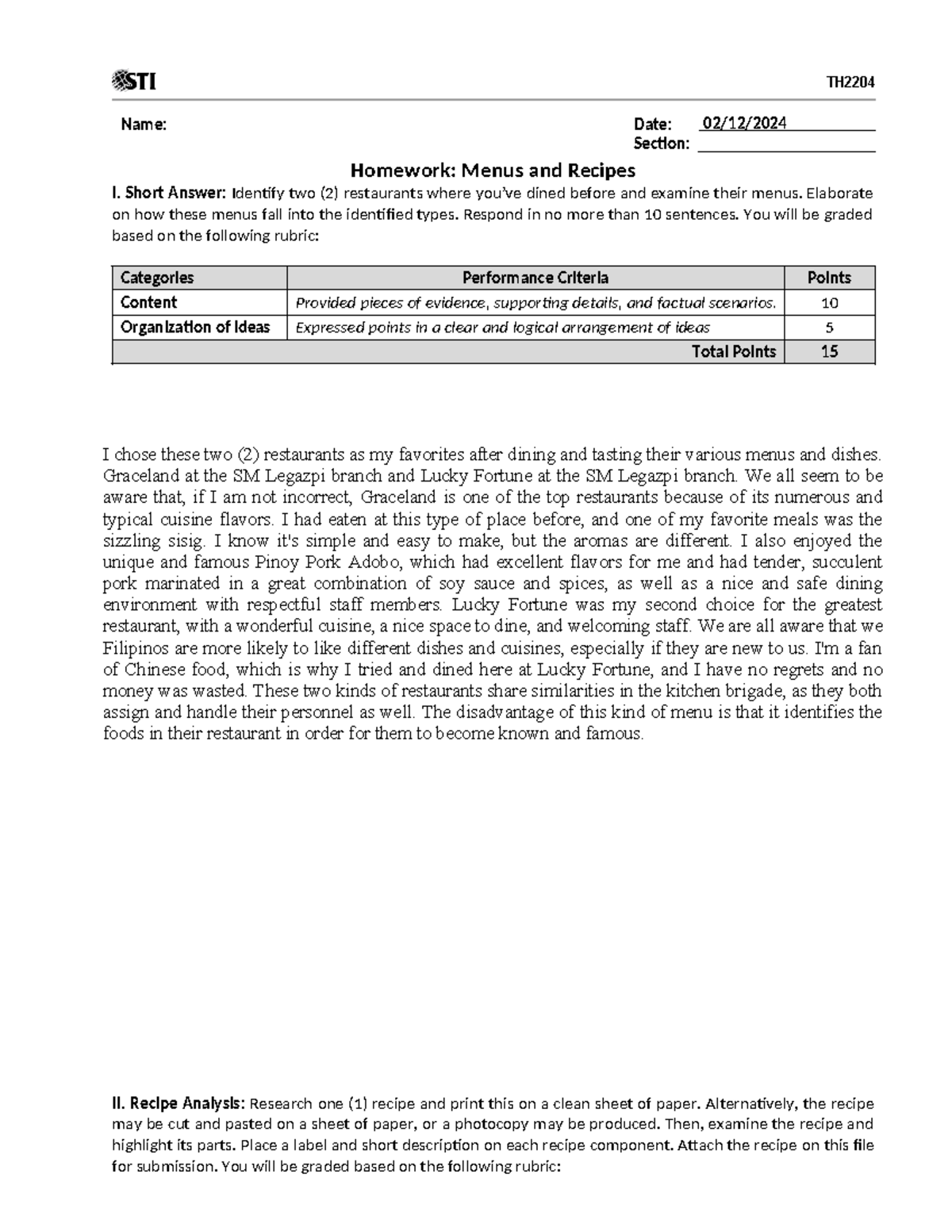Kitchen Essentials - 01 Homework 1: Menus and Recipe Analysis - Studocu