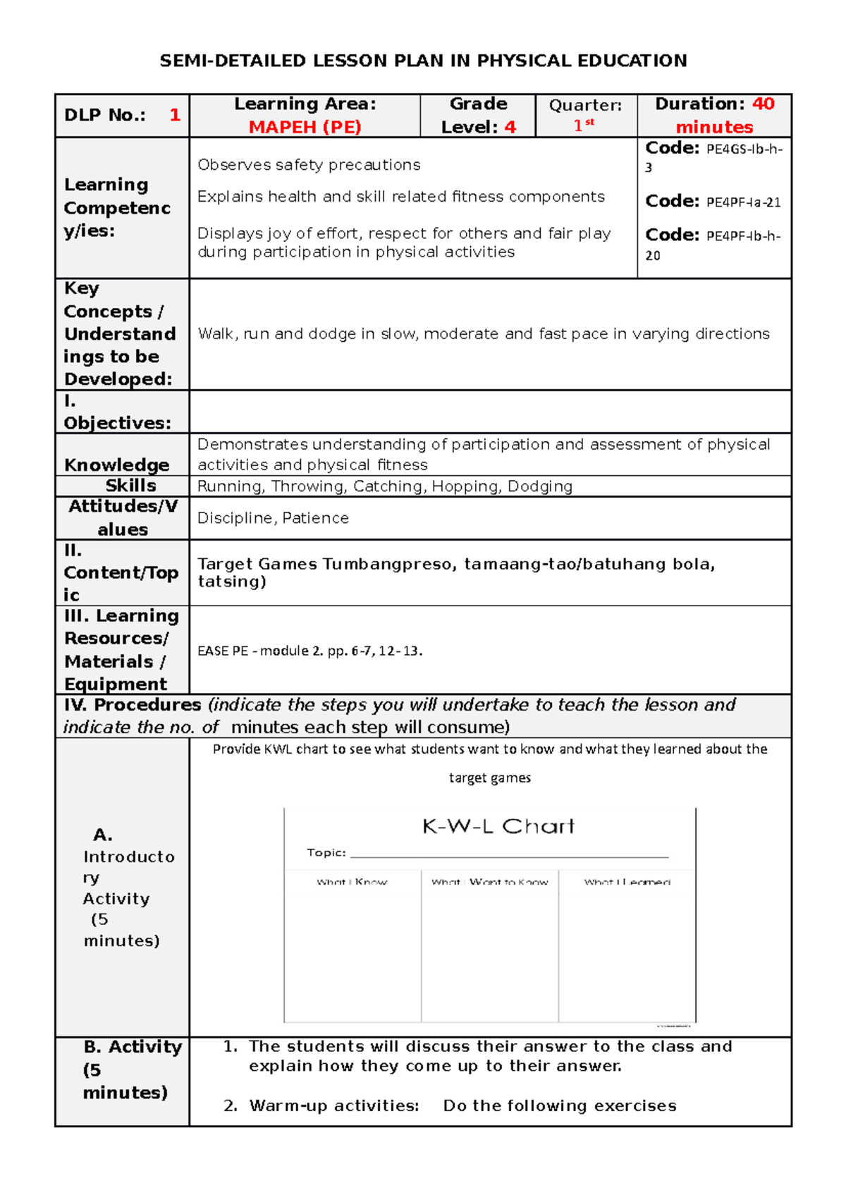 SEMI-DETAILED LESSON PLAN (PE) - Target Games for Grade 4 - Studocu