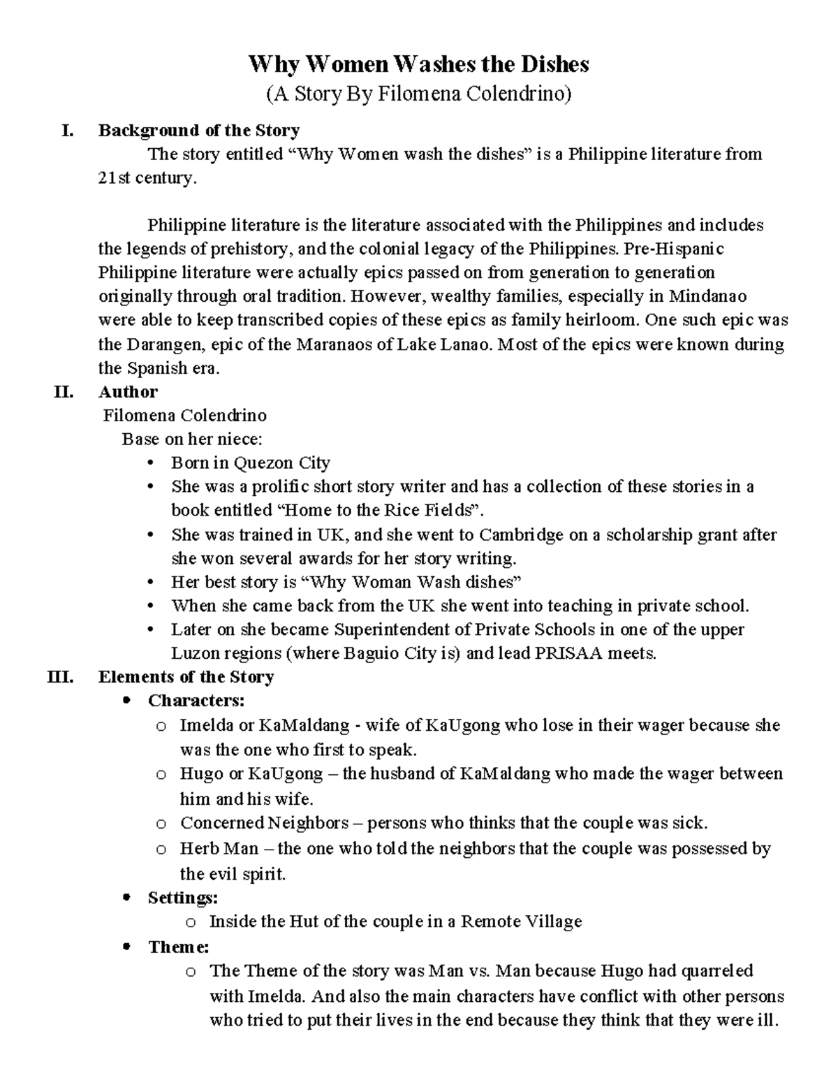 Outline of 'Why Women Wash the Dishes' - A Story by Filomena Colendrino ...