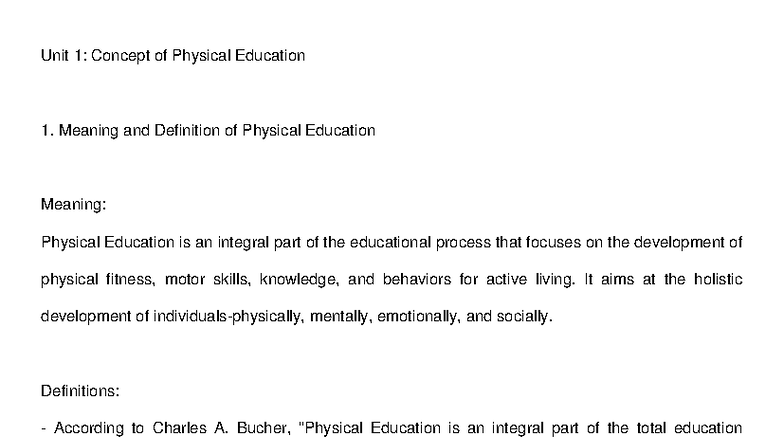 Unit 1: Understanding Physical Education Concepts and Importance - Studocu