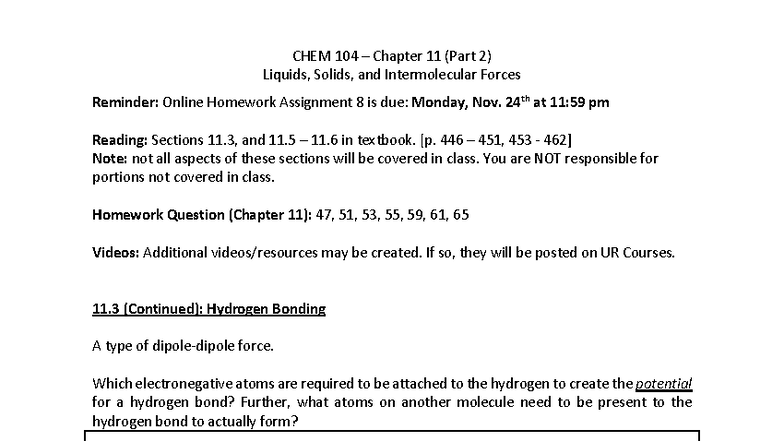 CHEM 104 Chapter 11 (Part 2) Liquids, Solids & Intermolecular Forces ...