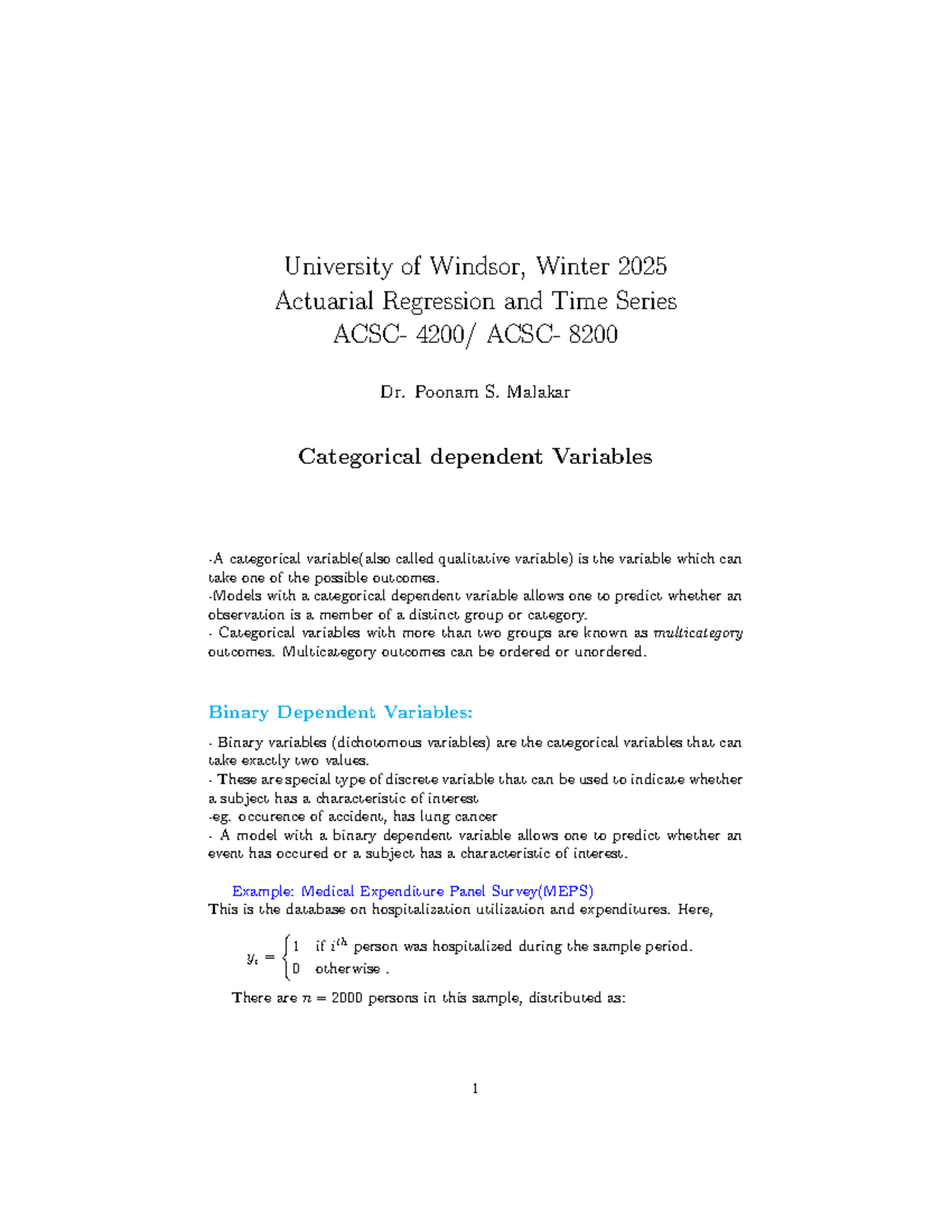 Lecture 8 Notes: Categorical Dependent Variables in Actuarial ...