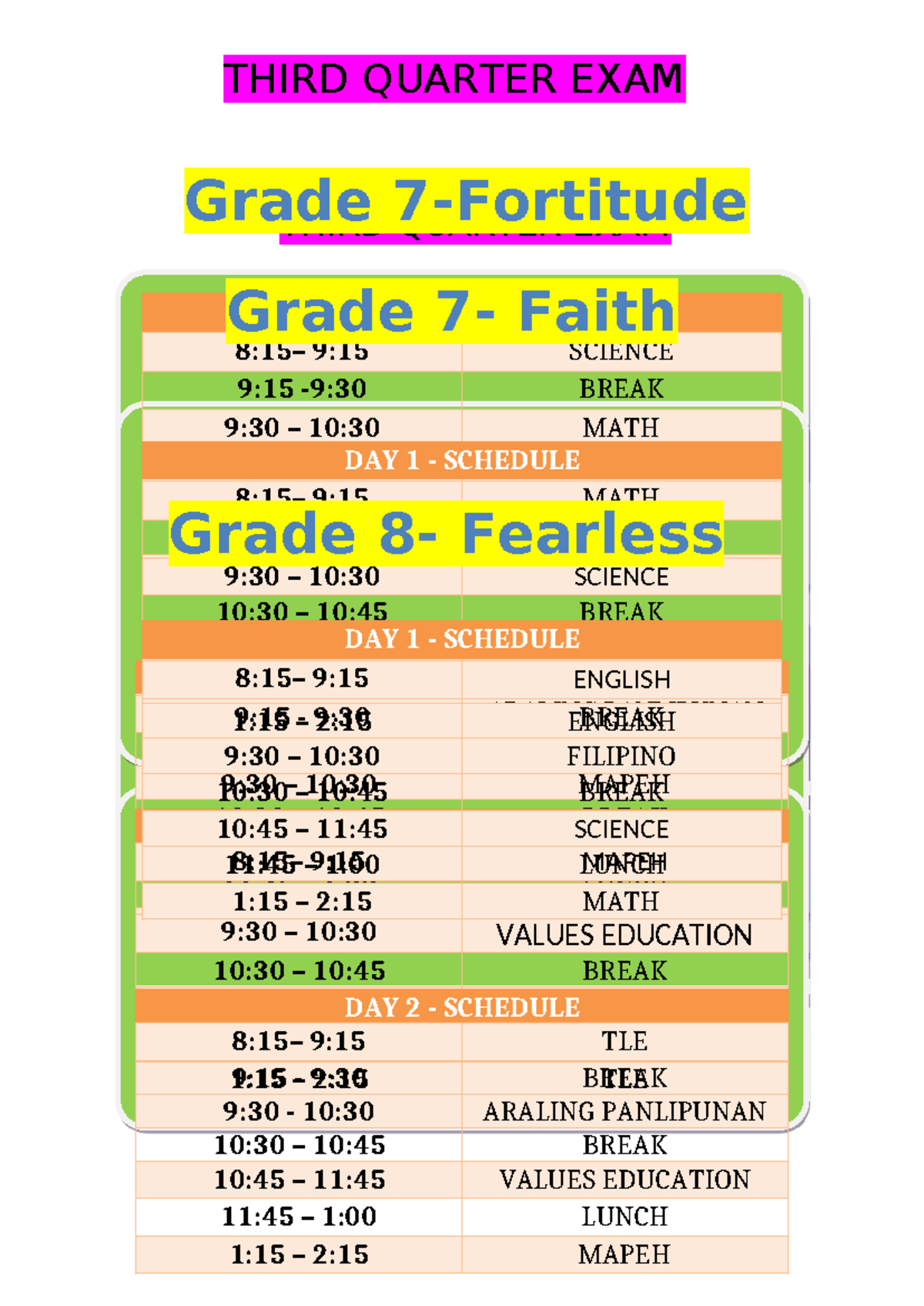 THIRD QUARTER EXAM SCHEDULE - GRADE 7 & 8 & 10 - Studocu