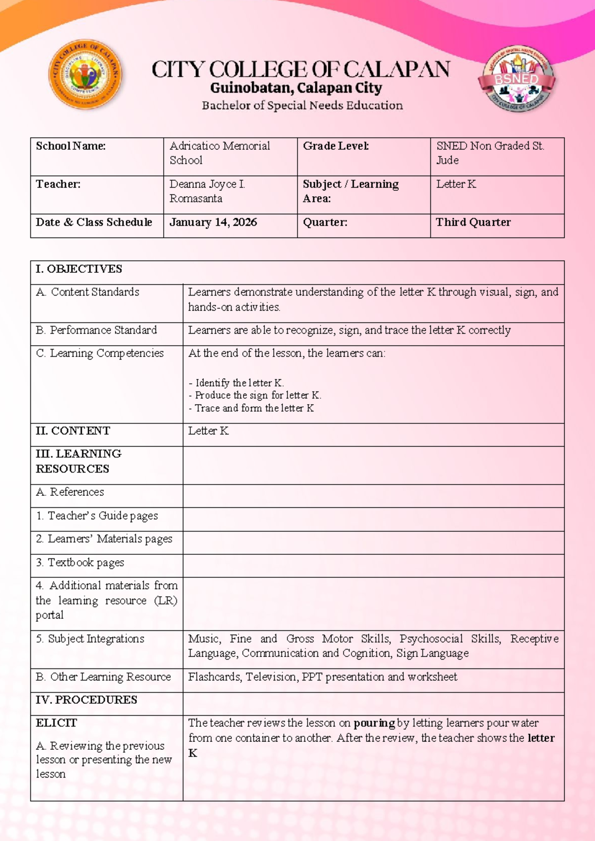 ST JUDE Lesson Plan: Learning the Letter K - SNED Non Graded - Studocu