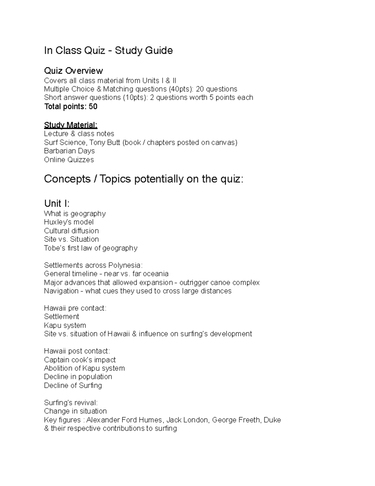 In Class Quiz Study Guide for Geography (Units I & II) - Studocu
