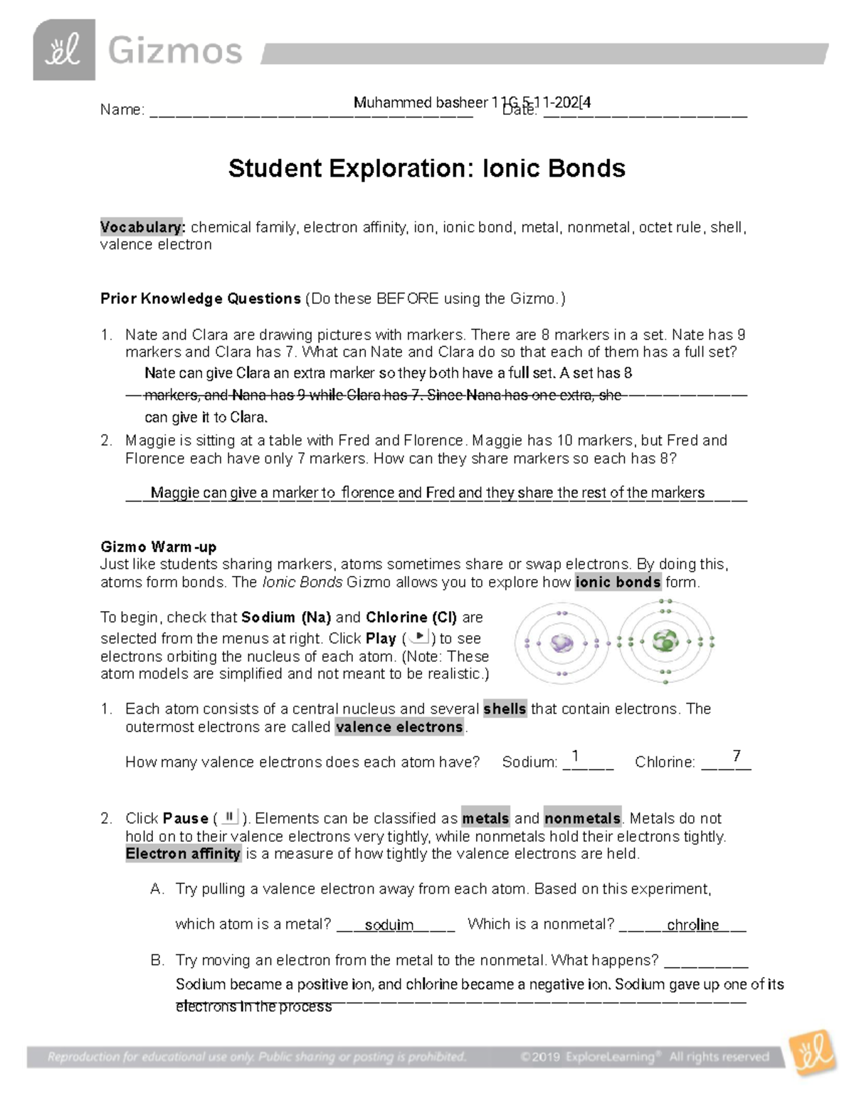 Ionic Bonds Exploration: Gizmo Lab Activity for Virtual Lab 2 - Studocu