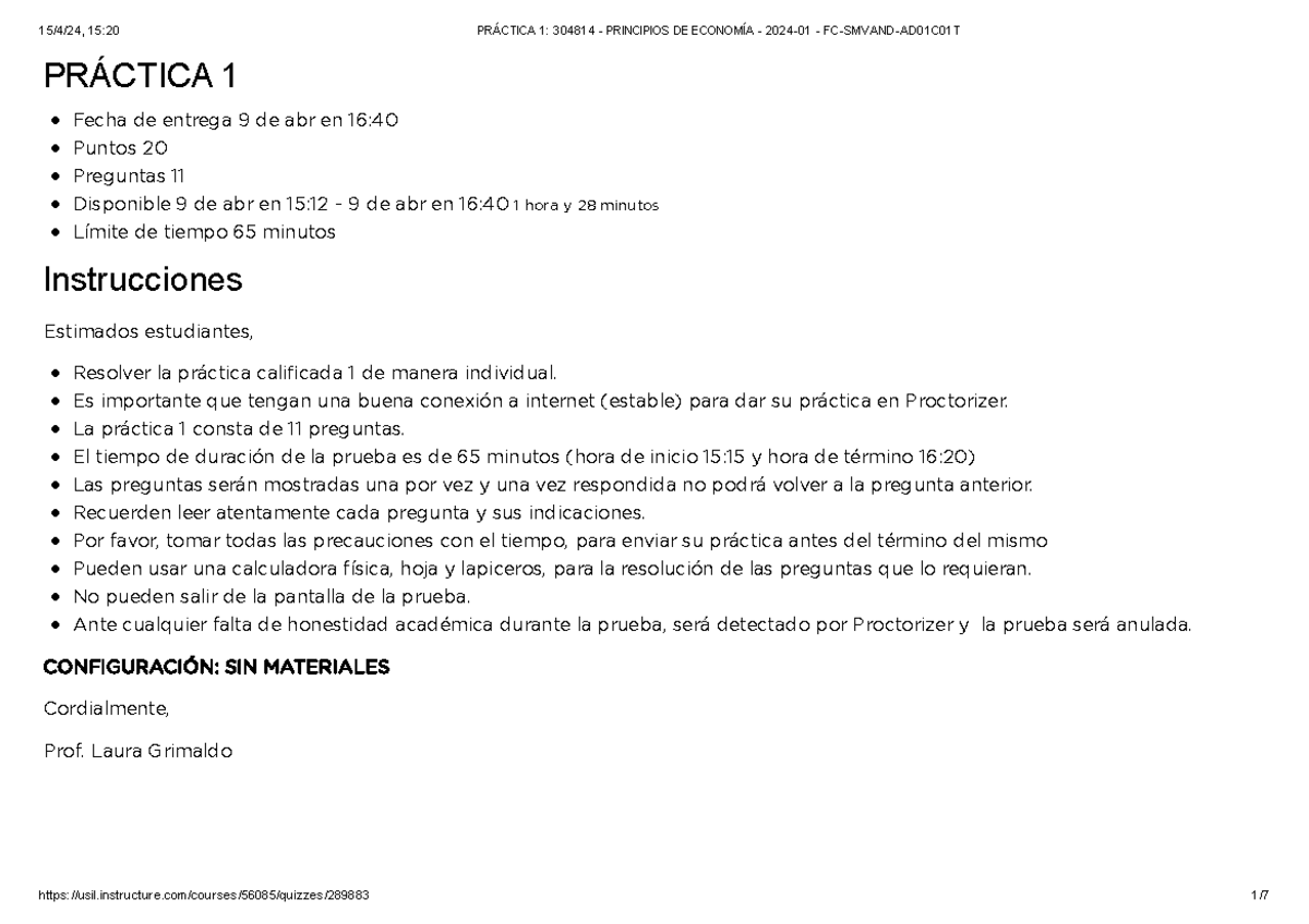 PC1 - Economía - PRÁCTICA 1: Instrucciones y Detalles Clave - Studocu