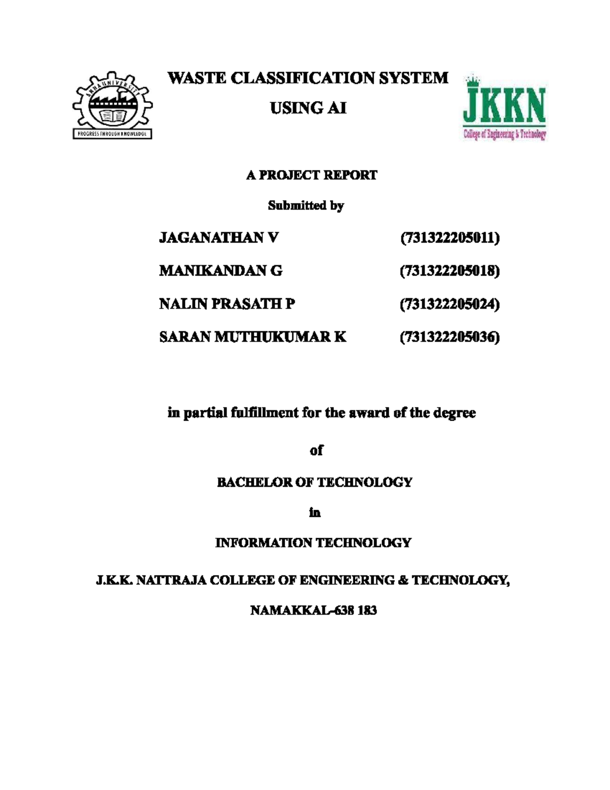 B.Tech Project Documentation: Waste Classification System Using Vision ...
